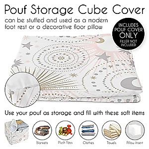 Sweet Jojo Designs Blush Pink Gold Star and Moon Girl Ottoman Pouf Cover Unstuffed Poof Floor Footstool Square Cube Pouffe Storage for Baby Nursery Kids Room Grey Celestial Sky Stars Gray Shabby Chic