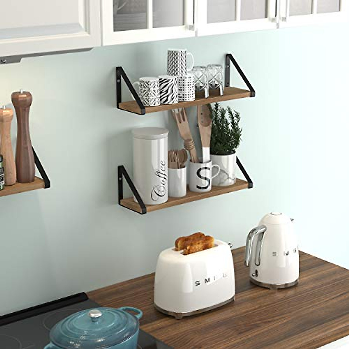 Wallniture Floating Shelves Bathroom Storage Wall Mount Home Decor Bedroom Kitchen Laundry Room Organizer with Black Brackets and Natural Burned Rustic Wood Shelves Set of 2
