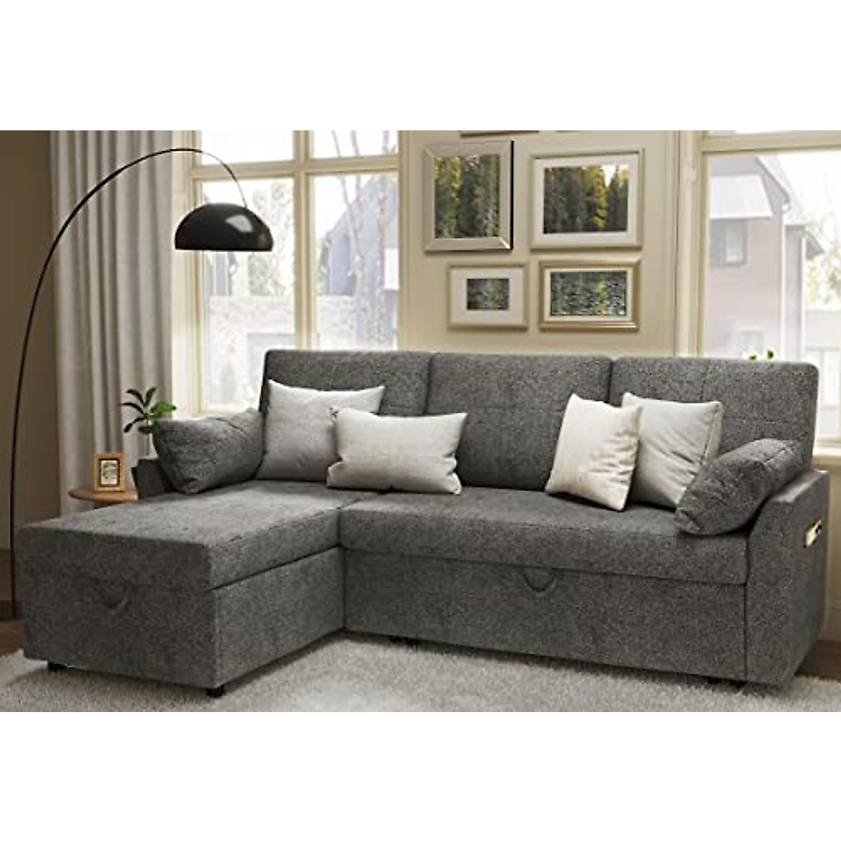 PaPaJet Sofa Bed, 2 in 1 Sofa Sleeper with Storage Chaise-Pull Out Couch Bed for Living Room, Sleeper Couch with Pull Out Bed Grey