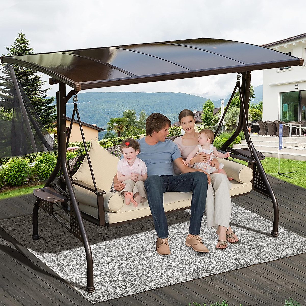 Yalissey 3-Seat Patio Porch Swing with Adjustable Hardtop,3 in 1 Convertible Outdoor Porch Swing for Adults,Patio Swing with Thicken Cushions,Pillows & Cup-Holders for Porch,Backyard,Garden (Beige)