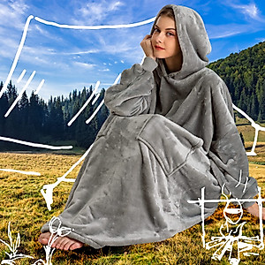 Kipswiza Oversized Wearable Blanket Flannel Soft Long Hoodie Blankets for Adults-Light Grey