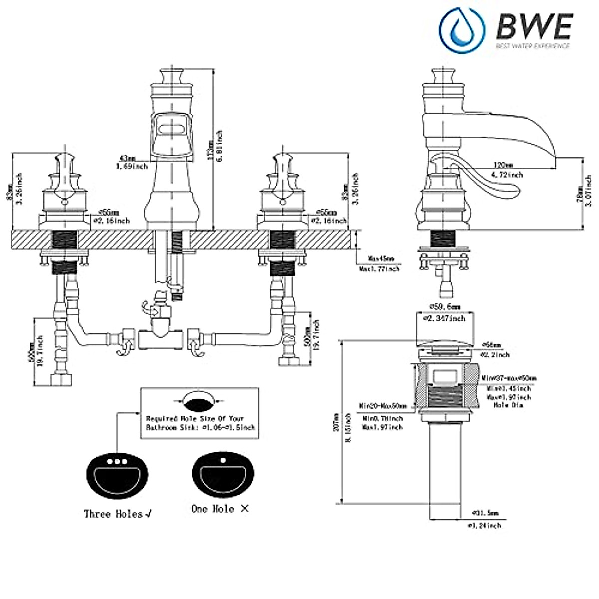BWE Waterfall Widespread Bathroom Faucet 3 Hole Oil Rubbed Bronze Farmhouse 8 Inch Pop Up Drain Stopper Assembly Overflow Supply Line Lead-Free Faucets Parts Two Handle Bath Vanity Lavatory Sink
