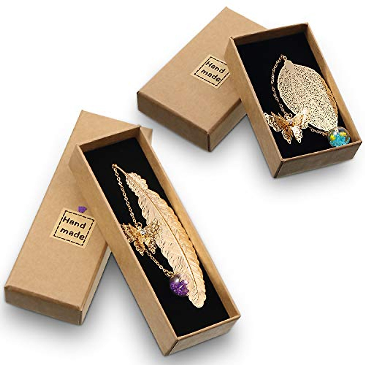 2 Pieces Metal Feather Bookmark Metal Leaf Bookmark with 3D Butterfly, Glass Dry Flower Beads Pendant and Box for Reader Students Friends