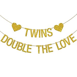 Ambishi Twins Double The Love Banner, Twins Baby Shower/Twins Birthday/Engagement/Wedding Party Decorations (Gold Gliter)