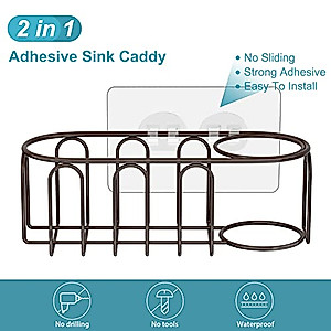 stusgo Sink Sponge Holder for Kitchen Sink, Sink Holder for Brush and Sponge, 2 in 1 Design Adhesive Sponge Caddy Stainless Steel, Rustproof, Waterproof, Bronze