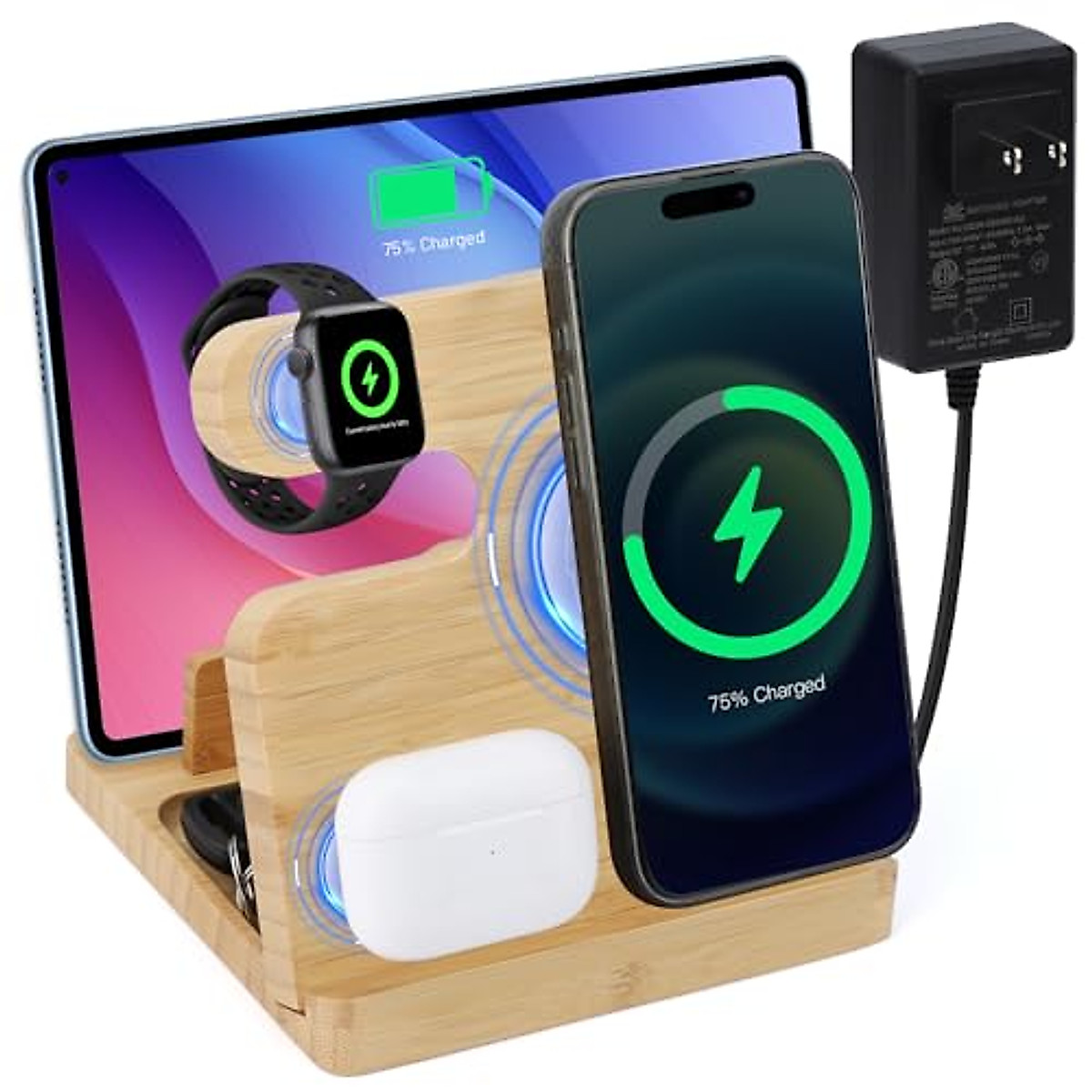 4 in 1 Bamboo Nightstand Wireless Charging Station,Can be Used as a Cell Phone Holder Wooden Desktop Organizer for AirPods, iWatch, Cell Phones, Tablets, Gifts (with Adapter)