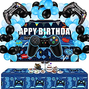 34 Pieces Video Game Party Supplies Set Gamer Brthday Decorations Including Happy Birthday Gaming Backdrop, Game Table Covers, Multi-Color Balloons and Foil Gamer Balloons for Game Party Decoration