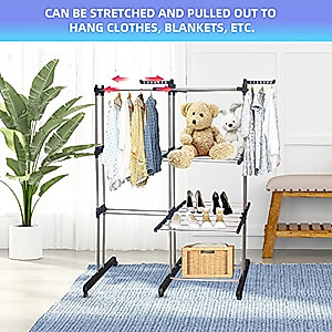 Drying Rack Clothing,Clothes Drying Rack with Casters,4-Tier Expandable Clothes Horses Rack,Collapsible Laundry Drying Rack,Movable Air Drying Rack,Oversized Laundry Racks for Indoor Outdoor