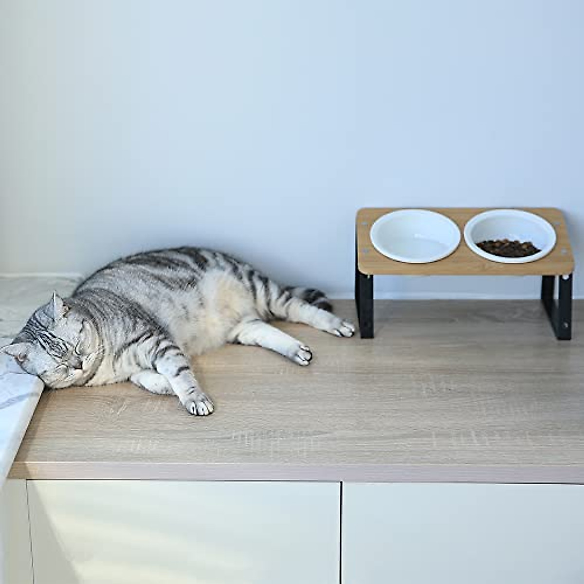 Elevated Ceramic Cat Bowls,15° Tilted Cat Bowls Stand for Food and Water,Adjustable Heights Raised Pet Feeding Dish with Bamboo Stand for Cats and Small Dogs,Anti Vomiting Cat Food Table