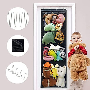 Stuffed Animal Storage, Over The Door Organizer Storage for Filling Stuff Toys, Stuffed Animals Holder with 4 Pockets, Foldable Portable Durable Hanging Storage Holder for Room (Black)