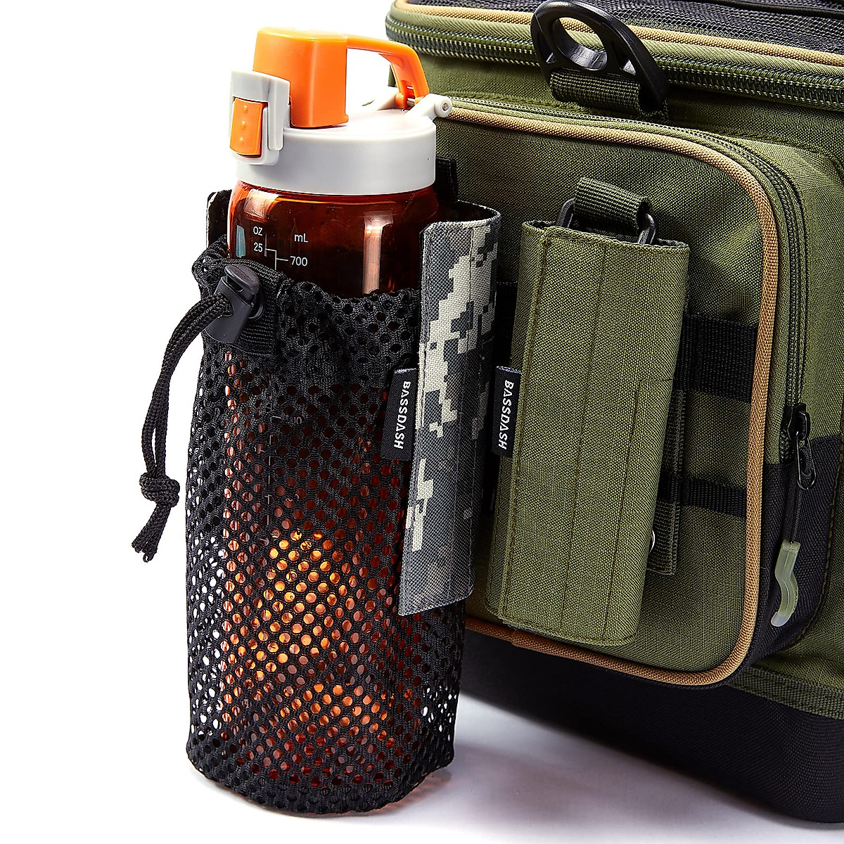 Bassdash Tactical Molle Water Bottle Pouch with Carabiner Foldable Mesh Holder Bag for Travel Fishing Hunting Hiking Outdoor Activities