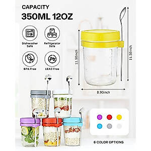 OVERTANG Overnight Oats Containers with Lids and Spoons, 6 Pack 12oz Mason Jars for Overnight Oats, Large Capacity Airtight Oatmeal Container with Measurement Marks Wide Mouth for Salad, Cereal