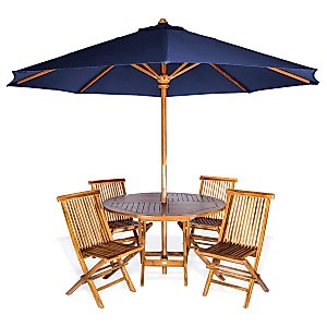 All Things Cedar TT6P-R-B 6-Piece Teak Round Patio Dining Set - Table and 4 Chairs for Outdoor Events | Backyard Furniture with Umbrella Hole | Brass Grommet & Cap | Blue Umbrella
