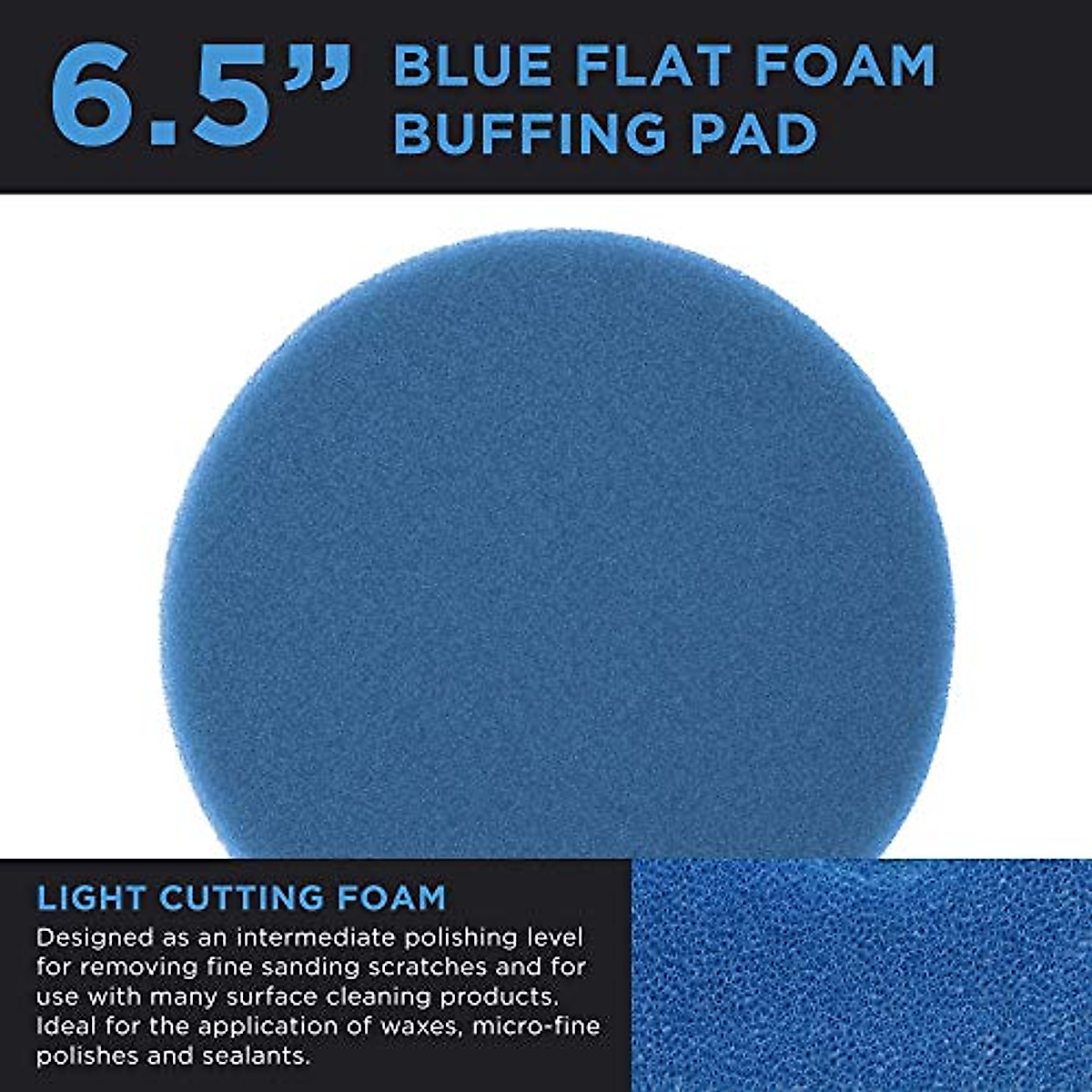 TCP Global 6.5" Blue Flat Light Cut Grip Foam Polish Buff Pad - DA Hook & Loop