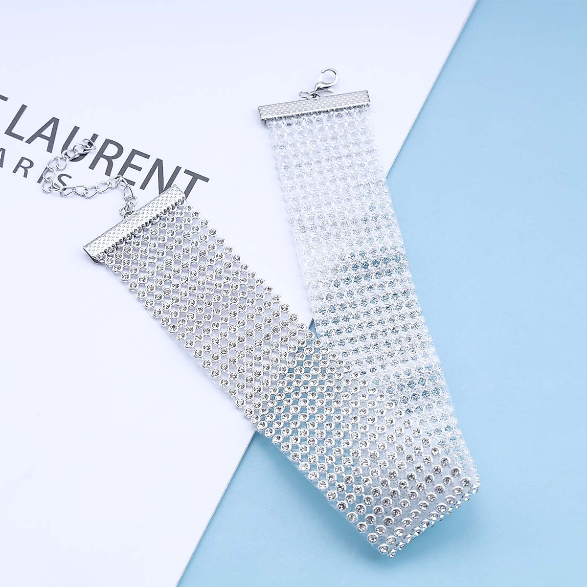 Sttiafay Punk Rhinestone Choker Necklace for Women Wide Full Diamond Necklace Chain 10-Row Sparkly Crystal Choker Collar Sexy Nightclub Party Prom Accessories