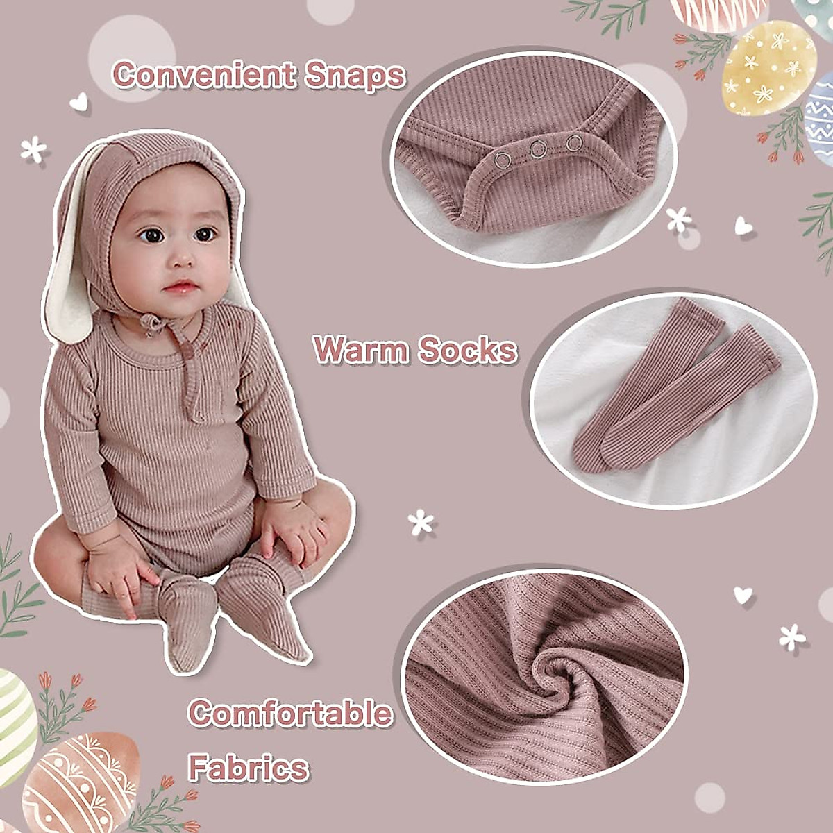 XIFAMNIY Baby Easter Bunny Outfit Romper Bodysuit with 3D Rabbit Ear Hat for Baby Newborn Infant