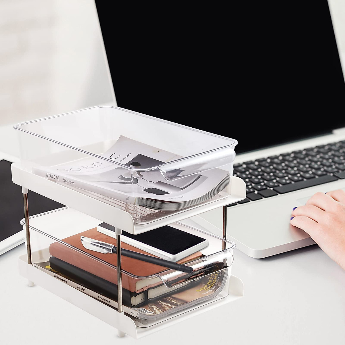 Ruishetop Stackable Under Sink Cabinet Organizer, Multi-Purpose 2 Tier Drawers Sliding Cabinet Basket Organizer Drawer with Handle for Home Kitchen Bathroom Office