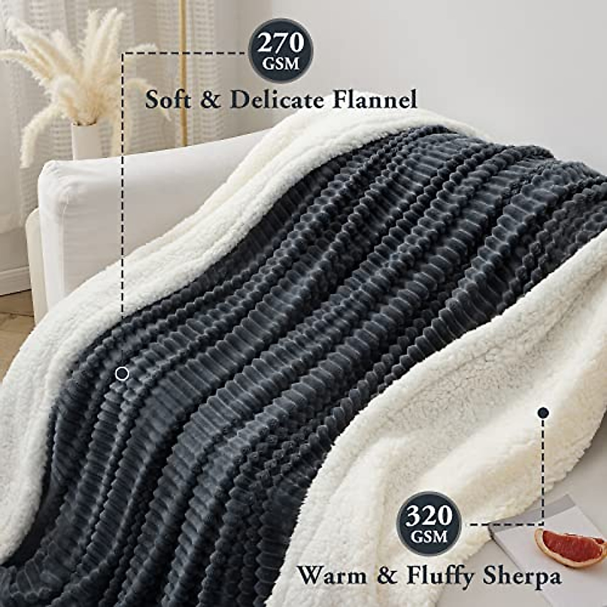 LBRO2M Sherpa Striped Fleece Bed Blanket, King Size Super Soft Fuzzy Plush Warm Cozy Fluffy Flannel Microfiber Couch Throw, Double Reversible Luxurious Blankets