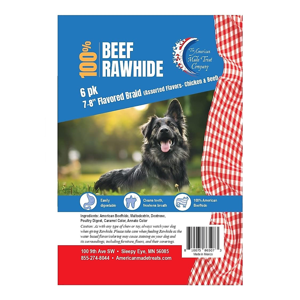 American Made Treat Co - Dog Treats, Beefhide Braids - Chicken and Beef Assorted Flavors Rawhide Chews for Dental Health & Protein - 7-8" - 6 Pack