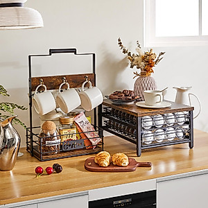 IBUYKE Coffee Mug Holder, 6 Mugs Coffee Cup Holder for Countertop, Metal Coffee Mug Rack with Storage Base with Fruit Basket, Large Mug Display Rack Stand for Coffee Bar Kitchen Countertop UTBJ004H