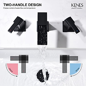 KENES Matte Black 8 Inch Waterfall Widespread Bathroom Faucet 3 Hole, Two-Handle Waterfall Bathroom Sink Faucet, Modern Bathroom Faucets with Supply Lines, KE-9052-2