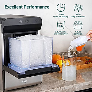 Gevi Household V2.0 Countertop Nugget Ice Maker With Viewing Window | Self Cleaning Pellet Ice Machine | Open and Pour Water Refill | Stainless Steel Housing | Fit Perfectly under Wall Cabinet | Black