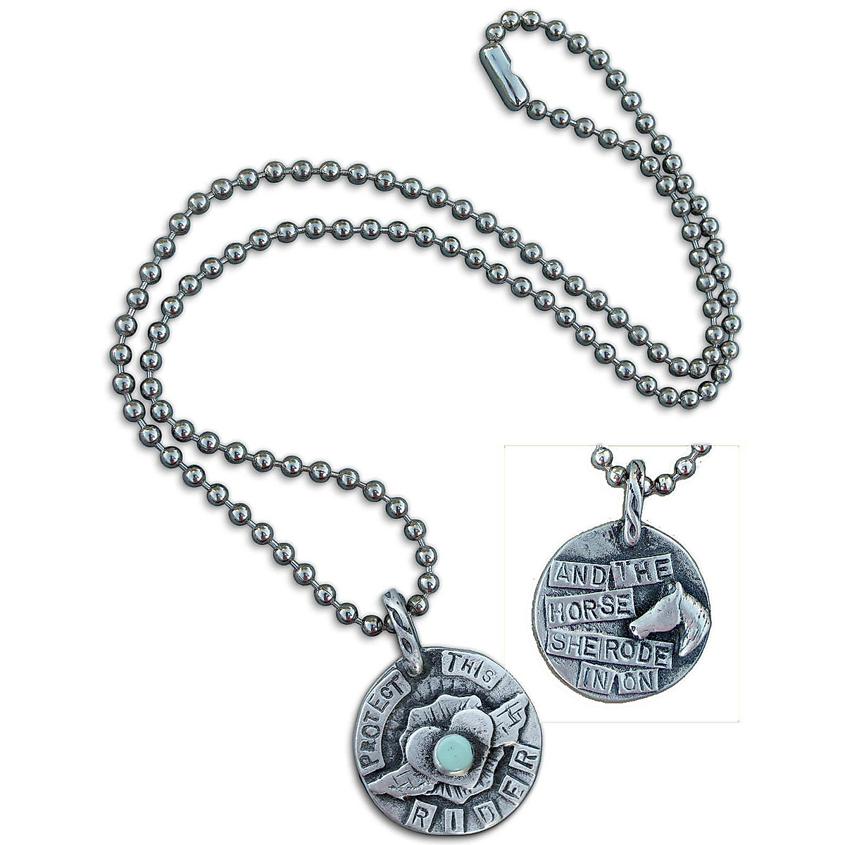 Equestrian Protect This Rider Pewter Horse Pendant Necklace On Ball Chain Made In The USA