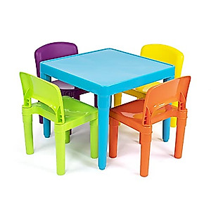 Humble Crew, Blue Table & Red/Green/Yellow/Purple Kids Lightweight Plastic Table and 4 Chairs Set, Square & Natural/Primary Kids' Toy Storage Organizer with 12 Plastic Bins