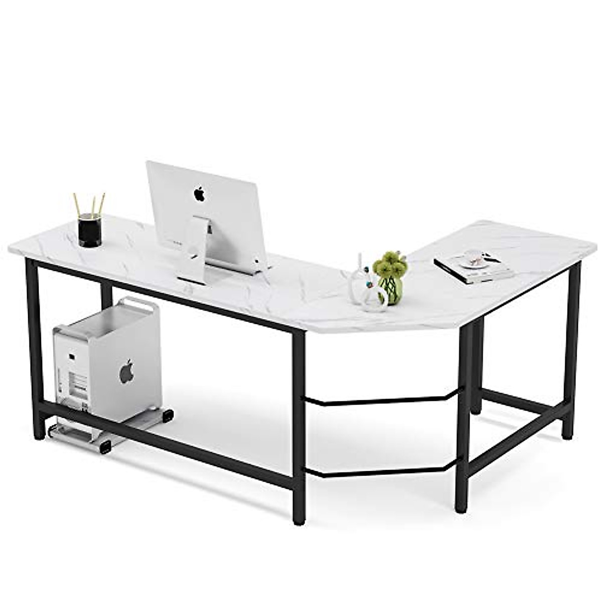 Tribesigns 66 inch Modern L Shaped Desk, Corner Computer Desk PC Laptop Gaming Table Workstation for Home Office, White Faux Marble/Black Metal Frame