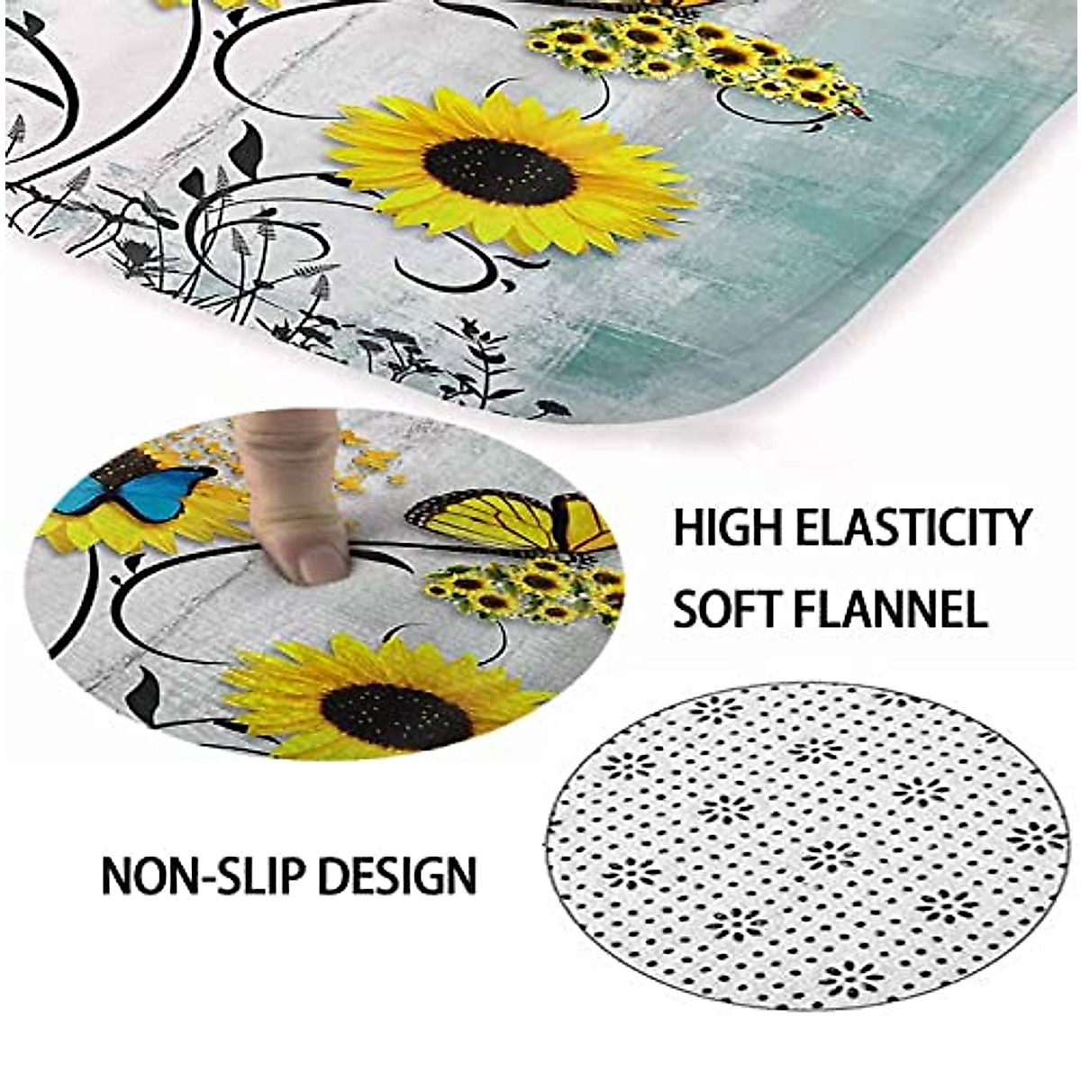 Dia Magico 4PCS Yellow Sunflower Shower Curtain Set, Magic Floral Blue Butterfly Black Plant Botanical Teal Barnwood Country Rustic Farmhouse Bathroom Decor, Fabric Shower Curtain, Non-Slip Bath Mat