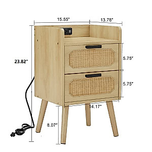 Duitrc Nightstand, End Table, Side Table with Charging Station & 2 Hand Made Rattan Decorated Drawers, Nightstands Set of 2, Wood Accent Table with Solid Wood Feet, with Open Storage, Natural, 2 Pack
