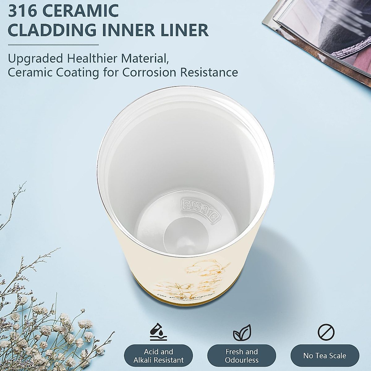 Simcat Coffee Tumblers 316 Ceramic-Lined Insulated Stainless Steel Travel Coffee Mug Leak Proof 17oz Coffee Tumblers with Lid and Straw for Keep Hot/Ice Coffee,Tea (White)