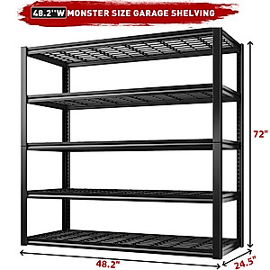 REIBII 3010LBS Storage Shelves 48.2'' W Garage Shelving Heavy Duty Shelving 5 Tier Adjustable Metal Shelves for Storage Rack Wire Shelving Industrial Utility Shelf 48.2'' W X 24.5'' D X 72'' H