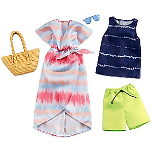 Barbie Fashion Pack with 1 Outfit of Tie-Dye Dress & 1 Accessory Doll & Striped Tie-Dye Tank, Shorts & Accessory for Ken Doll, Gift for 3 to 8 Year Olds