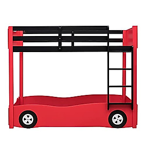 OYN Twin Over Twin Car-Shaped Bunk Bed Frame with Wheels for Children Teens Boys and Girls, Red