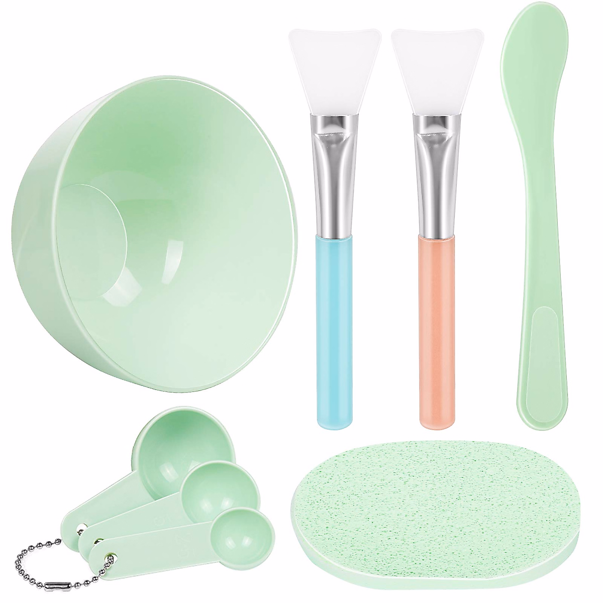 Teenitor Facial Mask Mixing Bowl Set, DIY Facemask Mixing Tool Kit with Silicon Face Mask Brush Facial Mask Bowl Stick Spatula Gauges Puff, Pack of 8, Green