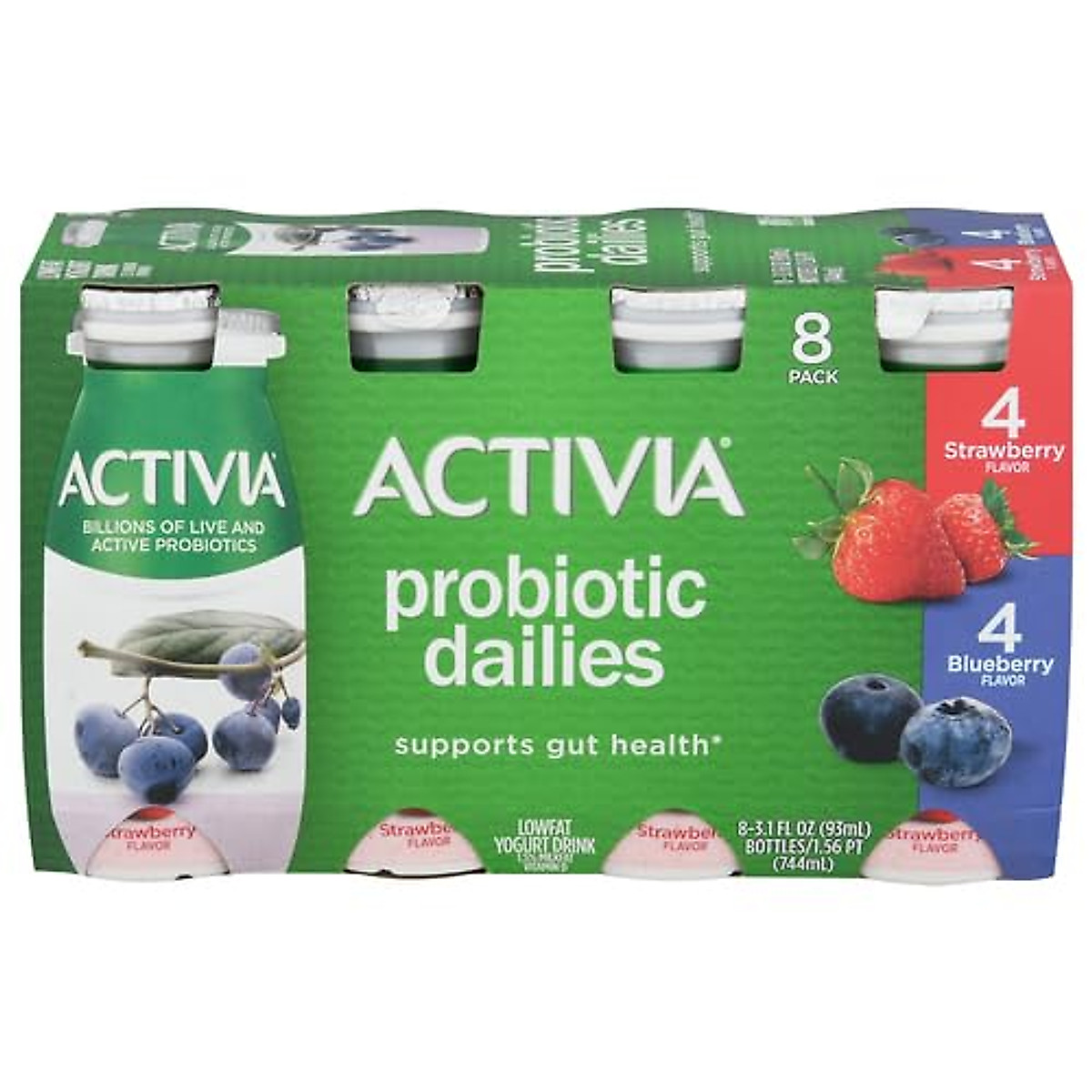 Activia Probiotic Dailies Strawberry and Blueberry Lowfat Yogurt Drinks, Delicious Daily Probiotic Yogurt Drinks to Help Support Gut Health, 8 Ct, 3.1 FL OZ