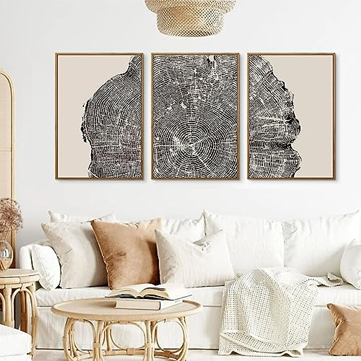 CHDITB Framed Wood Tree Rings Wall Art Set, 16x24in Black and White Canvas Art Wall Decor, Abstract Nature Wall Pictures Prints, Modern Paintings Wall Art for Living Room, Bedroom, Farmhouse(3Pcs)
