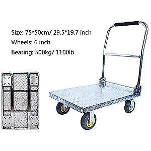 Generic Push Cart Push Cart Stainless Steel Trolley Heavy Duty Load Capacity Platform Truck with Foldable Handle and Silent Swivel Wheels for Moving Platform, 1100lb