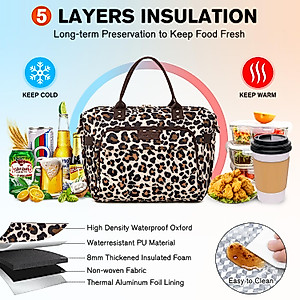 Fresh-flash Insulated Lunch Bag for Women Work, Leakproof Lunch Box Tote Bag, Wide Open Lunch Cooler Tote, Women Lunch Bags with Removable Shoulder Strap & Side Pockets-Leopard