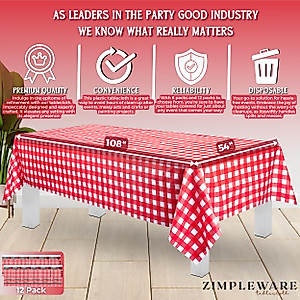 ZIMPLEWARE Premium Red Gingham Checkered Plastic Table Cloth Disposable (12 Pk) Plastic Tablecloths for Rectangle Tables (54in x 108in) Party Table Cloths Disposable for 6ft to 8ft Rectangle Tables