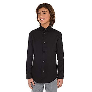 Calvin Klein Boys' Long Sleeve Sateen Dress Shirt, Button-down Style With Buttoned Cuffs & Shirttail Hem, Black, 20