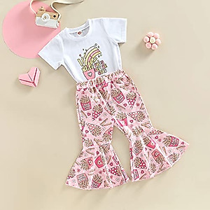 Toddler Baby Girls Valentine's Day Outfit Casual Short Sleeve T-Shirt Tops Heart Fries Flare Pants Bell Bottoms Clothes (Pink, 4-5 Years)