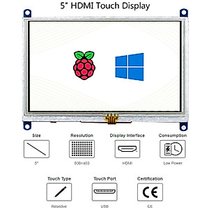 waveshare 5inch HDMI LCD Resistive Touch Screen LCD (B), 800x480 Resolution, Support All Versions of Raspberry Pi,Windows 10/8.1/8/7, BB Black, as Well as General Desktop Computers