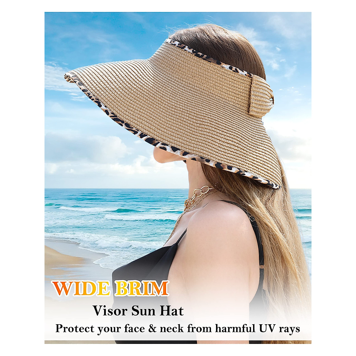 Womens Beach Straw Sun Hats Ponytail Hole Wide Brim Summer Visor Foldable Hat Sun Protection Packable for Travel Pool(One Size,Khaki with Leopard)