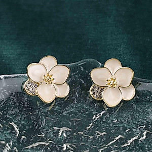 Sttiafay Vintage Enamel Flower Stud Earrings Camellia Flower Earrings Gold Crystal Flower Petal Earrings White Petal Stud Earrings Jewelry for Women and Girls