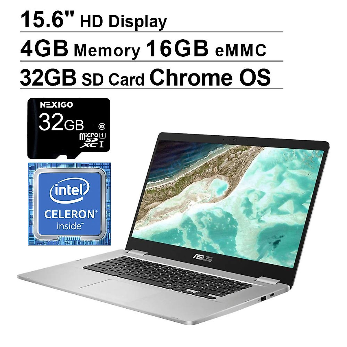 ASUS 2020 Chromebook 15.6 Inch Non-Touch Laptop, Intel Celeron N3350 up to 2.4 GHz, 4GB LPDDR4 RAM, 64GB eMMC, WiFi, Bluetooth, Webcam, Silver, Chrome OS + NexiGo 32GB MicroSD Card Bundle