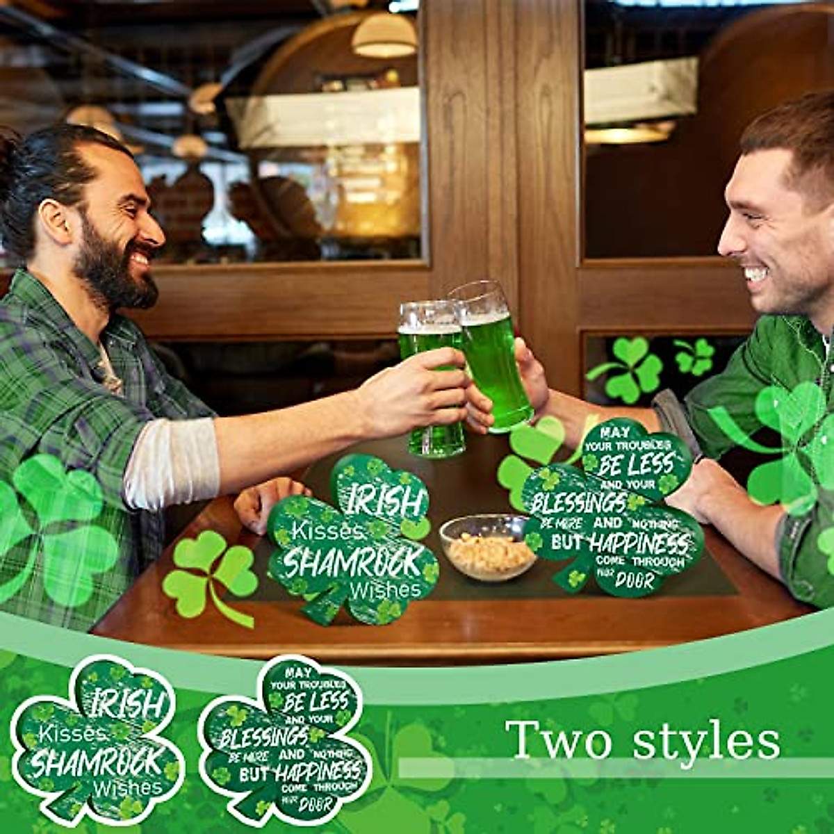 2 Pcs St Patrick's Day Table Wooden Signs Shamrocks Ornaments Irish Themed 5.91x5.78 Inch Lucky Tabletop St. Patrick's Table Decor Rustic Wood Centerpieces Green Shamrock Blocks Office Home Decor
