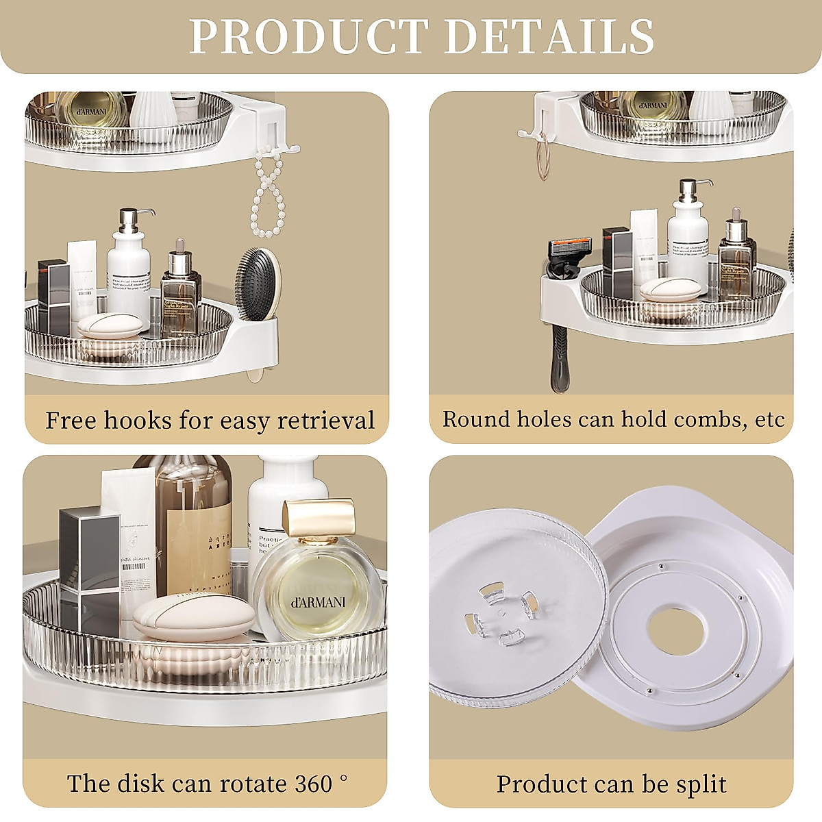 Weidace Corner Shower Caddy, 2 Pack Rotation Shower Organizer, Corner Shower Shelf with 2 Hooks, Adhesive No Drilling Wall Mounted Shelves for Bathroom, Kitchen (Transparent)