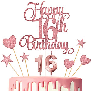 Lecferrarc 16th Birthday Cake Decorations, 16th Birthday Candles Cake Numeral Candles and Glitter Happy 16th Birthday Cake Toppers Set for Birthday Party Supplies (Rose Gold)